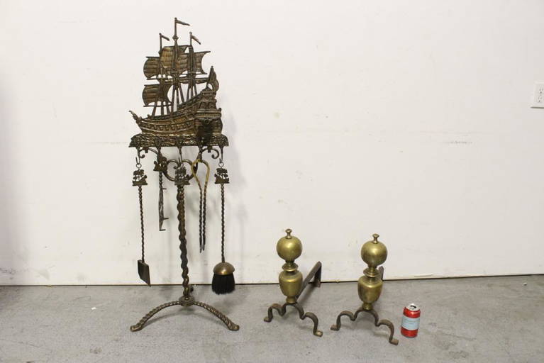 Bronze Fireplace Tool Set & Pr Antique Fireplace