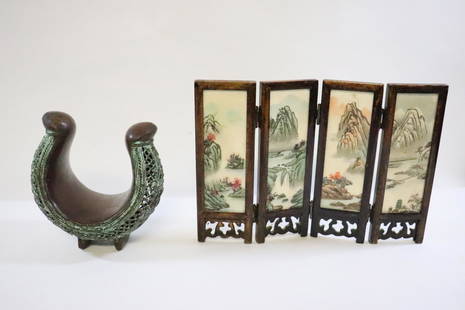 Vintage Chinese 4 Panel Table Top Folding Screen Relief Sectional Panels