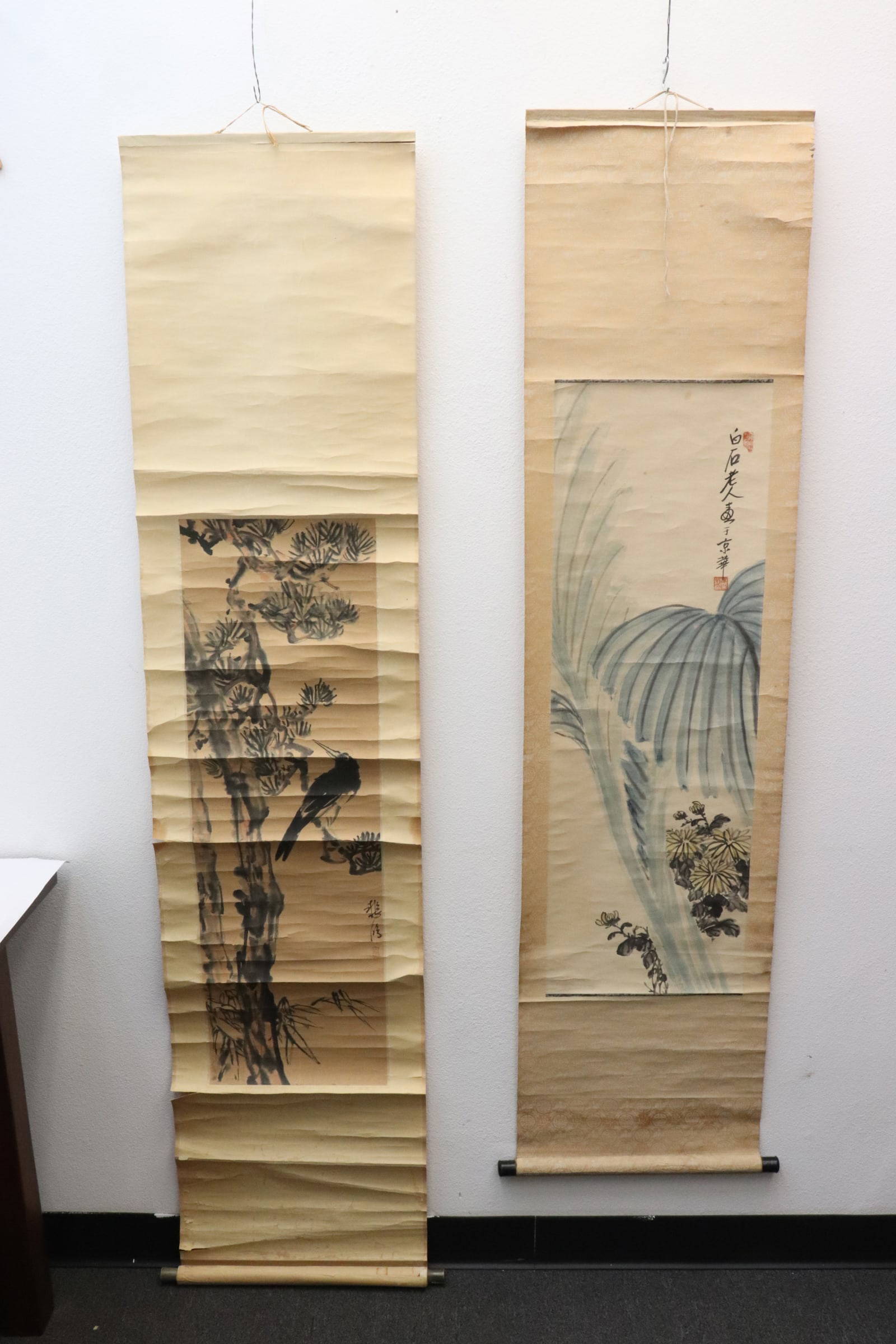 2 Chinese Vintage Print Scrolls, Damage And Folding Marks Auction