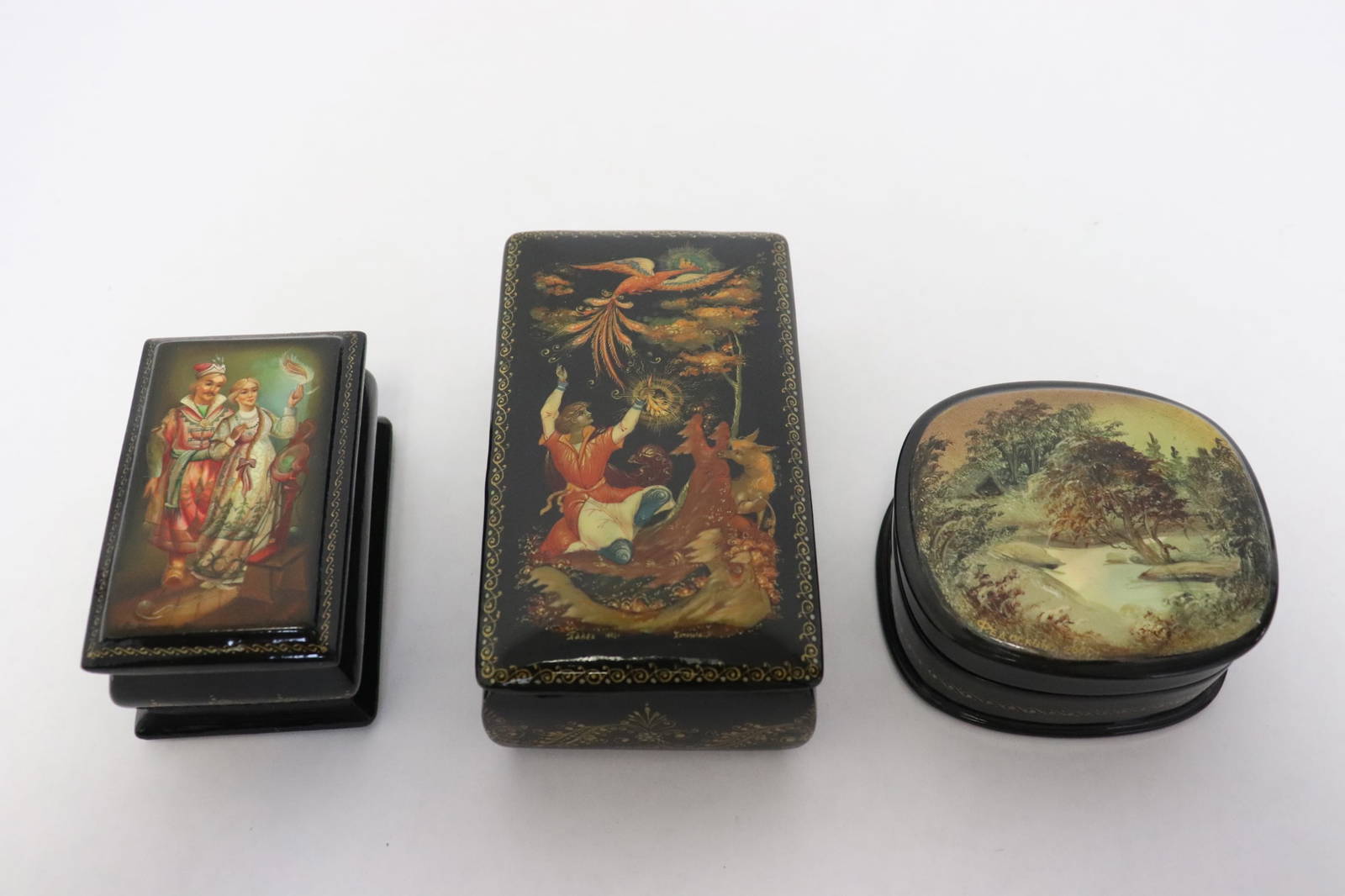 3 Russian Hand Painted Lacquer Boxes, Signed Auction