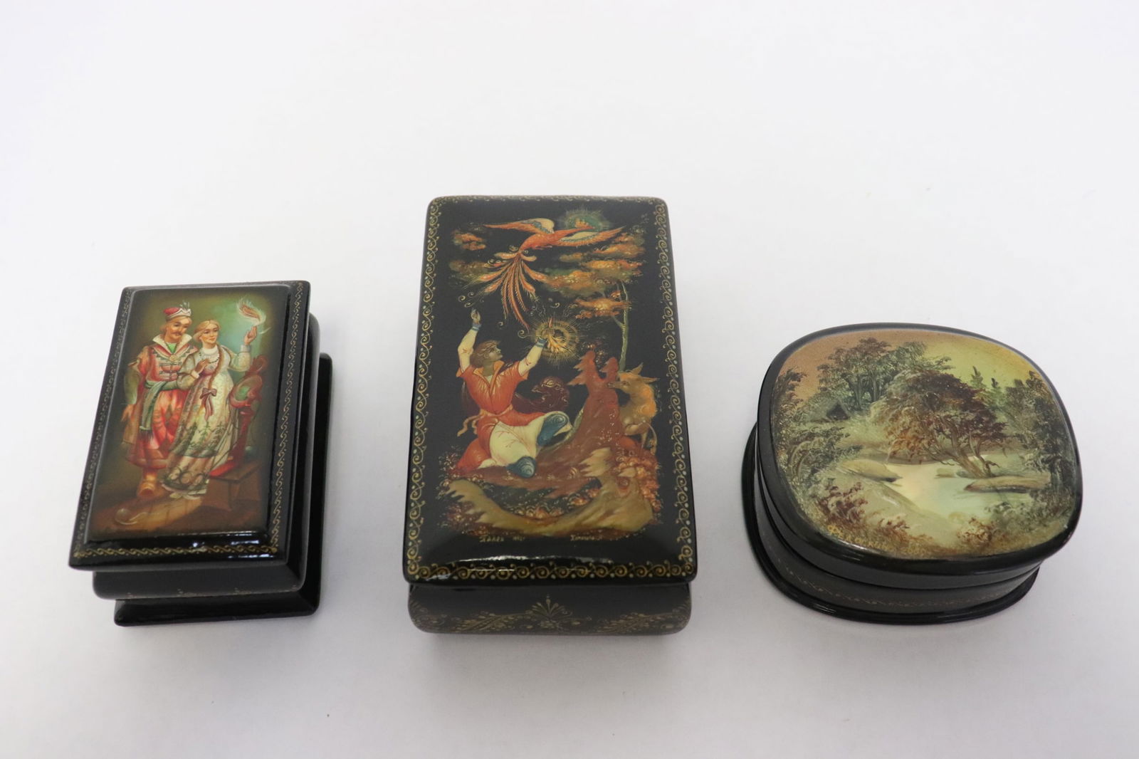 3 Russian Hand Painted Lacquer Boxes, Signed Auction