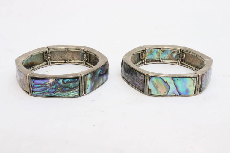 2 Flexible Sterling Bracelet Decorated W/ Abalone Plaque