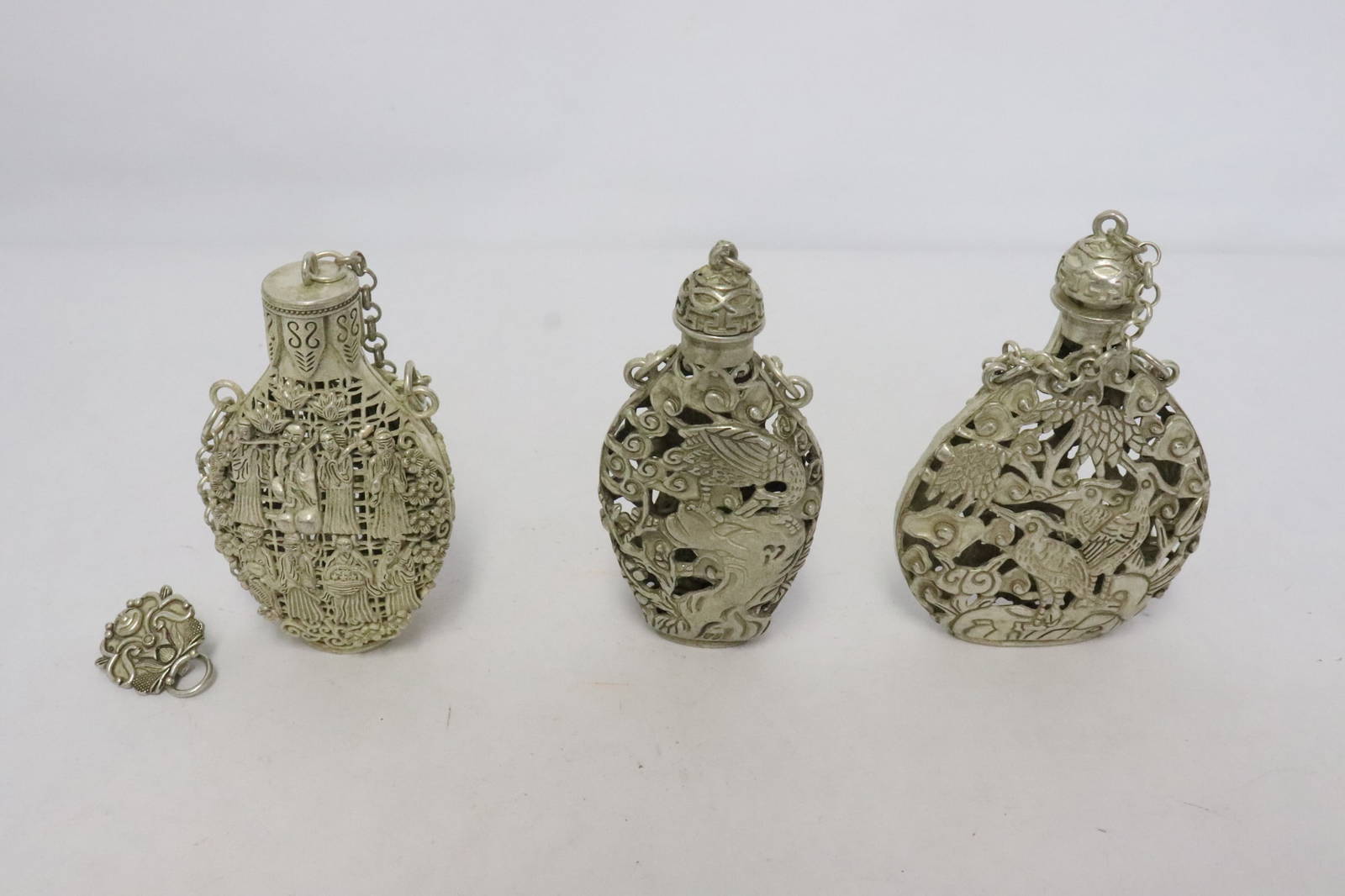 3 White Metal Scent Bottles Auction