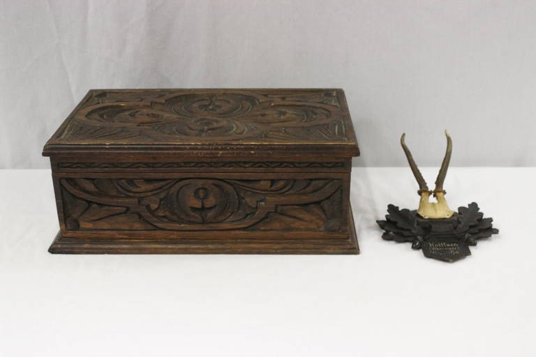 A Horn Mounted Plaque, & A Victorian Wood Box