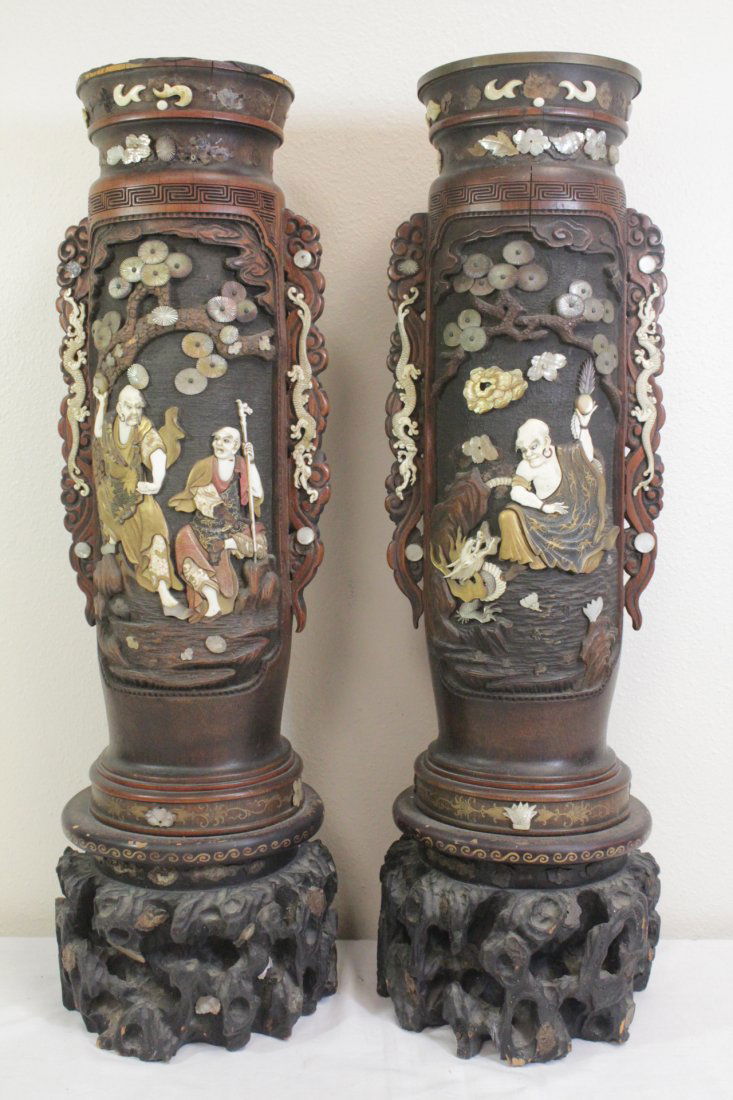 Pair Japanese 19th C. Shibayama Vases W/ Stand