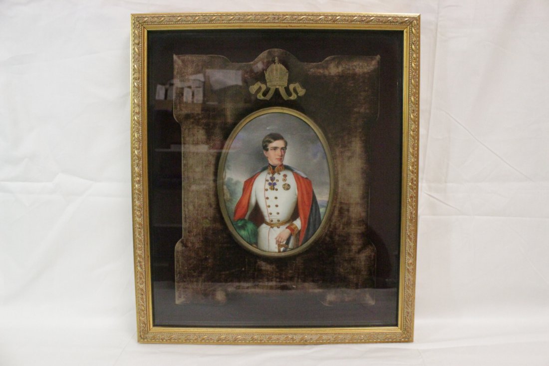 antique painting on ivory plaque, with royal crest