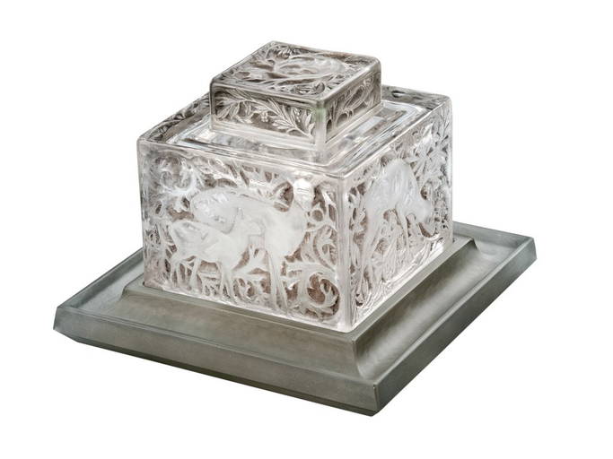 A Stained Clear Glass Square Inkwell, Cover And Sta