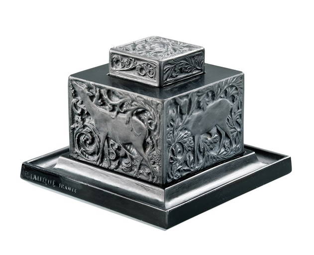 A Black Glass Square Inkwell, Cover And Stand, By R