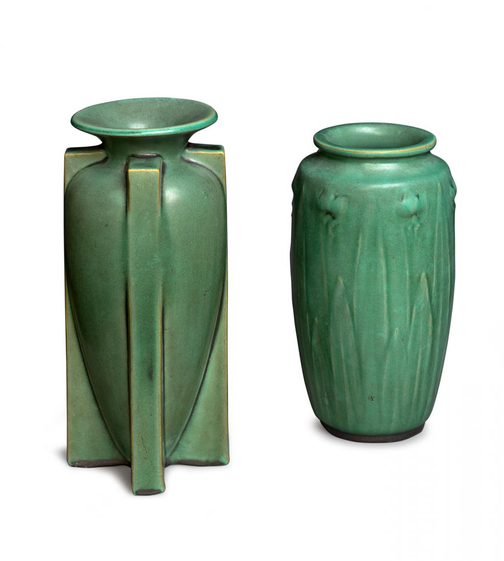 Two Teco Green Glazed Earthenware Vases, Circa 1920