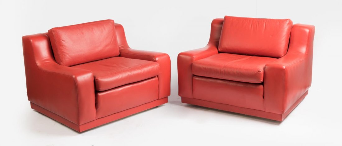 Two Red Leather Lounge Chairs, 20th Century