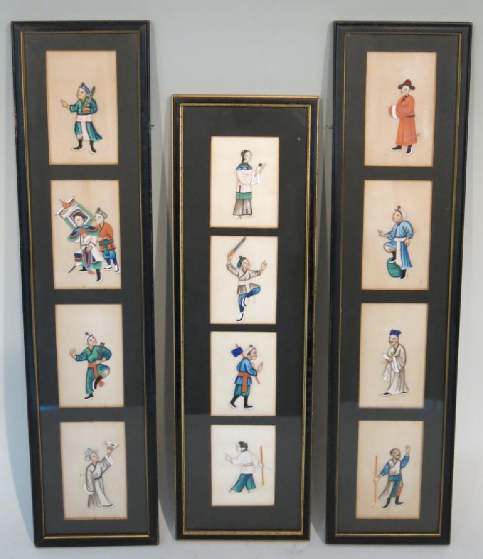 Twelve Chinese Pith Paintings In Three Frames