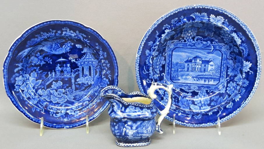Three Piece Lot Of Deep Blue Staffordshire China