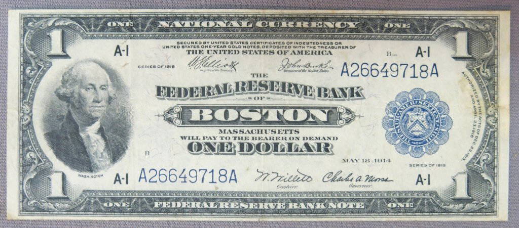 1918 Federal Reserve $1 Bank Note Boston