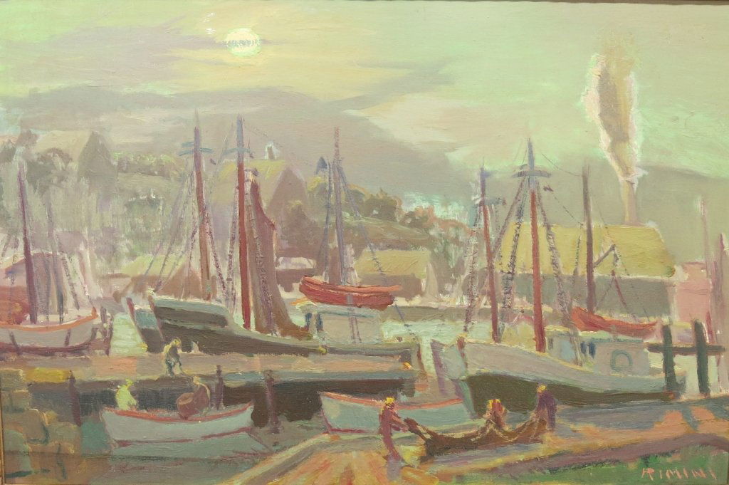 Joseph Rimini Oil Painting Of A Busy Harbor Scene