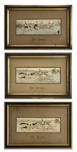 3 Framed Stevengraph Silk Woven Pictures "the Start",