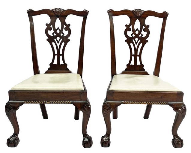 PR OF NYC MAHOG. 18THC. CHAIRS SHELL CARVED CREST & KNEES BALL & CLAW ...