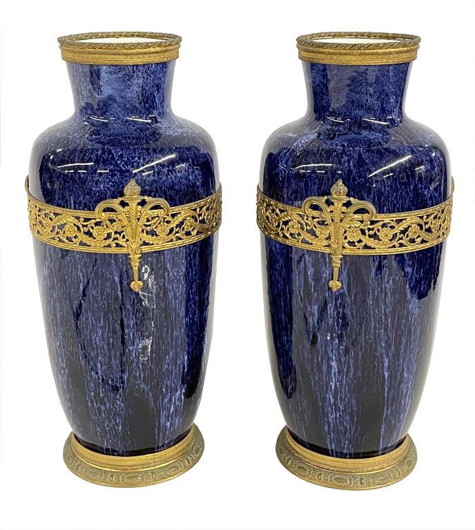 Pair Of Blue Boch Freres Vases On Ormolu Mounts 14 1/4" Tall