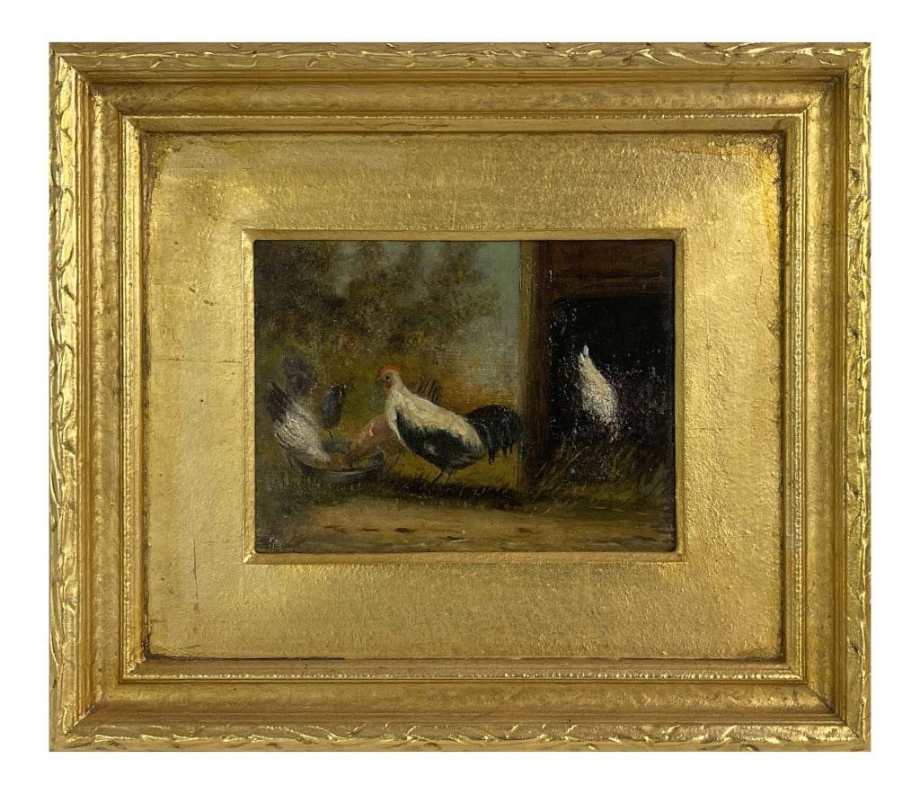 19thc. Oil / Wooden Panel "chickens" Unsigned 7 3/4" X 5 3/4" Auction