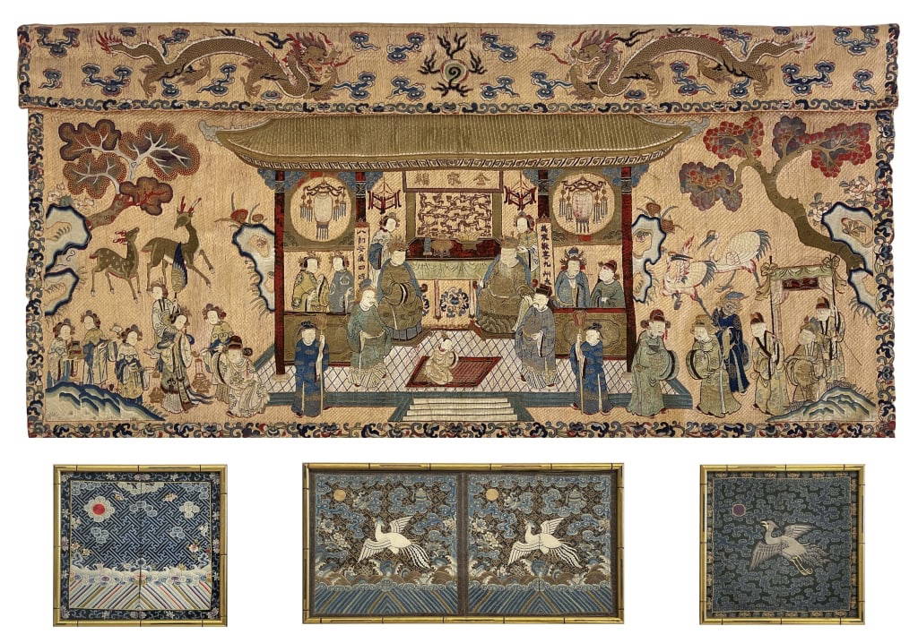 19thc. Chinese Embroidered Panel & 4 Mandarin Squares Or Rank Badges, 2 ...