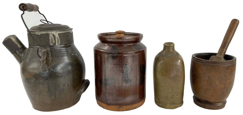 Stoneware Inc. Redware Jug, Batter Jug, Flask & Treen Mortar & Pestle ...