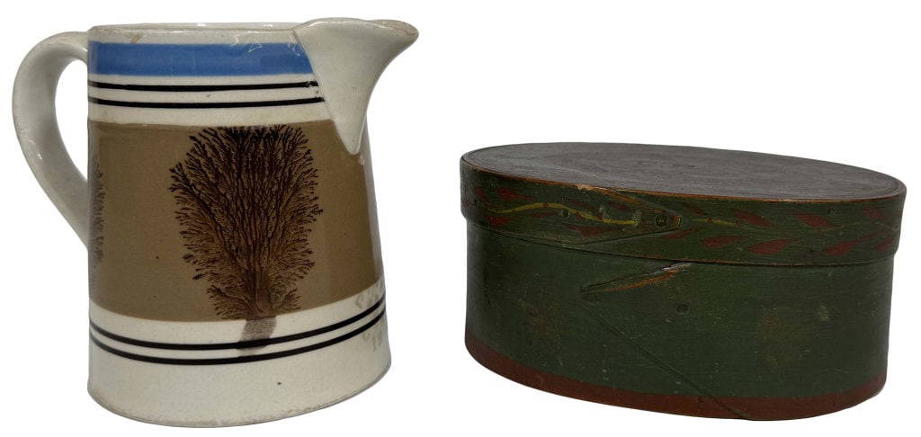 5" Mochaware Pitcher & 6 1/4" Green Lap Box, 1849 "our Thoughts Are ...