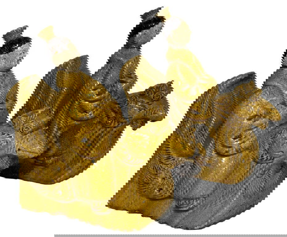 Pr Of Chinese Biscuit Pottery Figural Roof Tiles 8" X 8" Auction