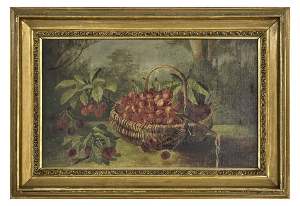 Oil/ Canvas "cherries In A Buttocks Basket" Unsigned 12" X 20" Auction