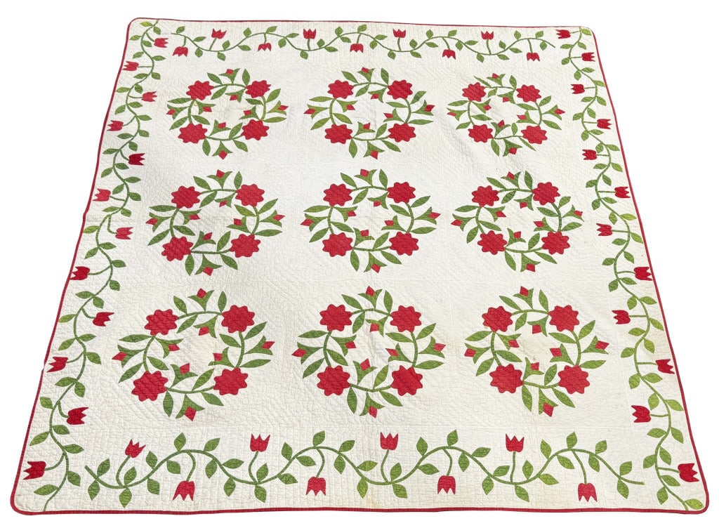 Hand Stitched "rose Of Shannon" Appliqued Quilt 19thc. 80" X 85 1/2 ...