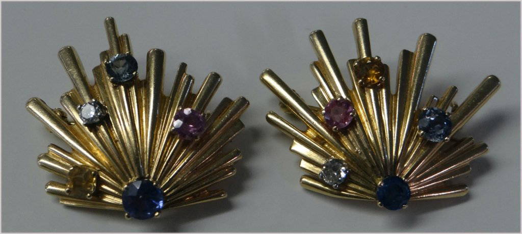 Pr 14k Gold Sunburst Pins W/ Multi Colored Stones