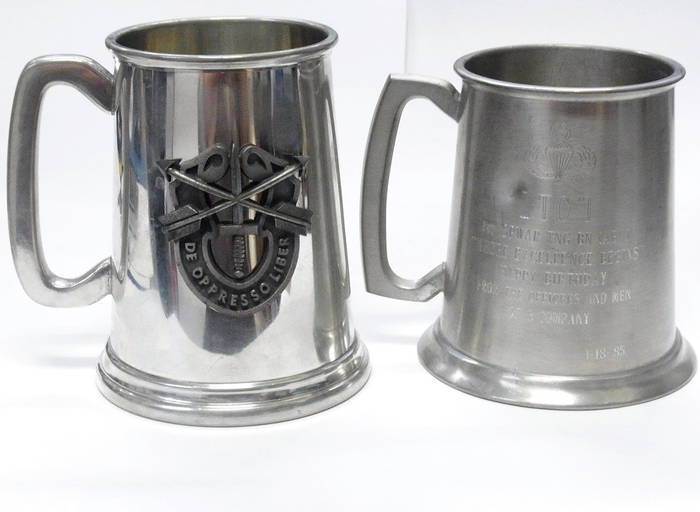 2 Vintage English Pewter Glass Bottom Tankards Military