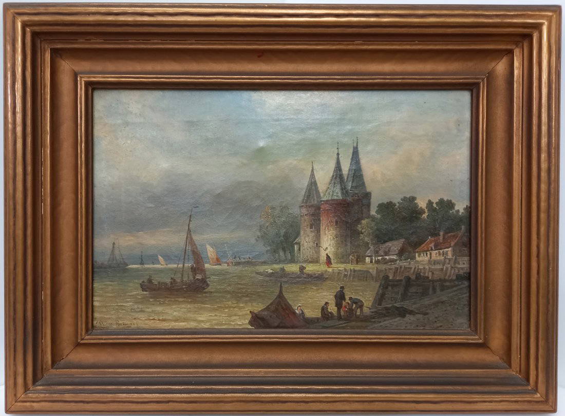 Antique Signed Illegibly Dutch Harbor Scene 19c Oil Castle Or French ...