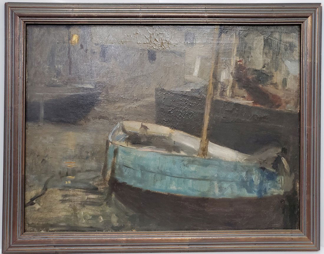 Henry B Snell Blue Boat Harbor Impressionist Antique Oil Painting Lewis ...