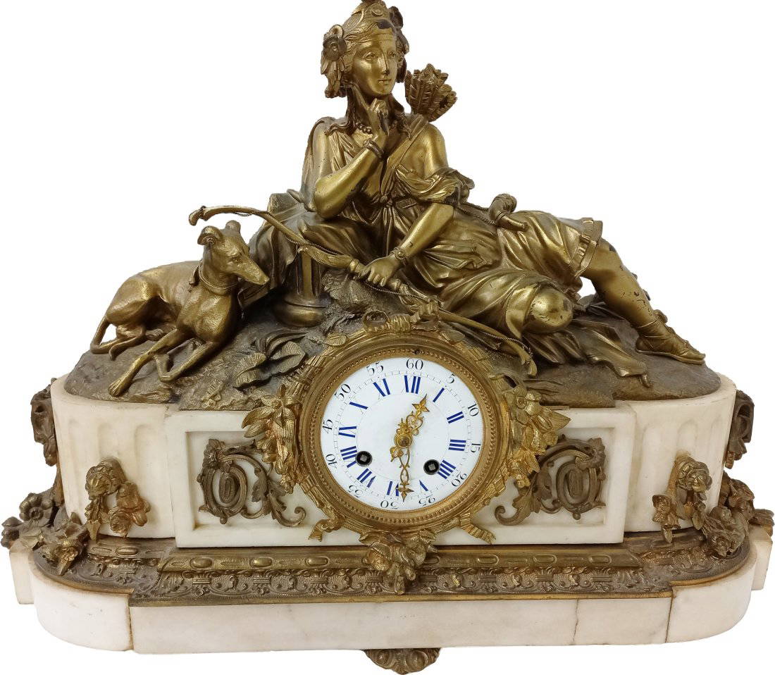 Antique French Dore Bronze Mantel Clock Roblin Paris Marble Diana ...