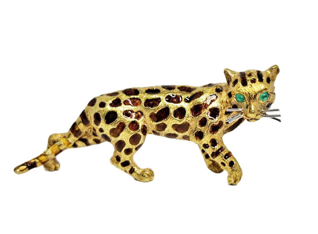 Long Tiffany Panther Emerald Eye 18k Gold Enamel Cat Leopard Cheetah W ...