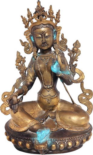 Antique 16 Inch Green Tara Lotus Position Statue Buddha Brass Bronze Statue