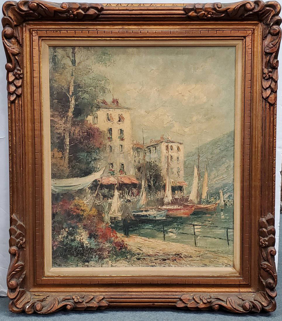 K.h. Fassbender Mid Century Harbor Oil Painting Auction