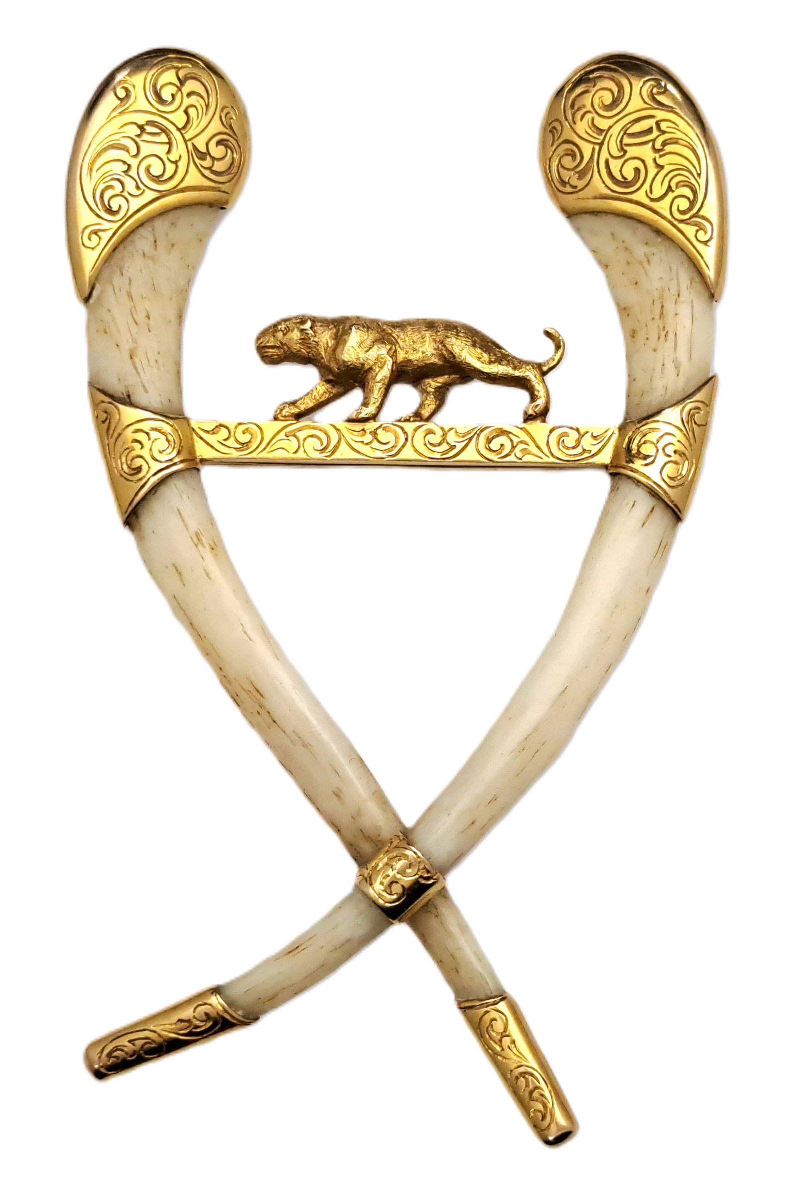 Unusual 18k Gold Lion Leopard Crossed Swords Large Antique Brooch ...