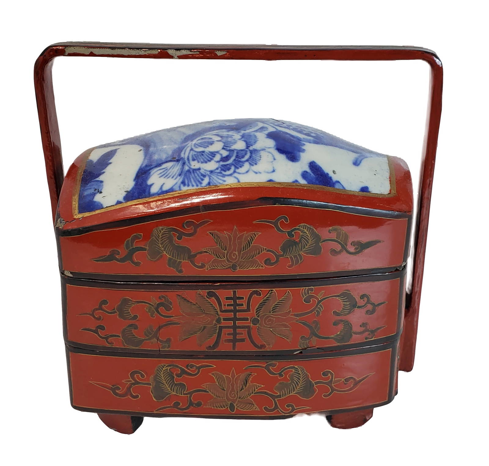 Vintage Chinese Red Lacquer Blue White Porcelain Lid Tiered Bento Box ...