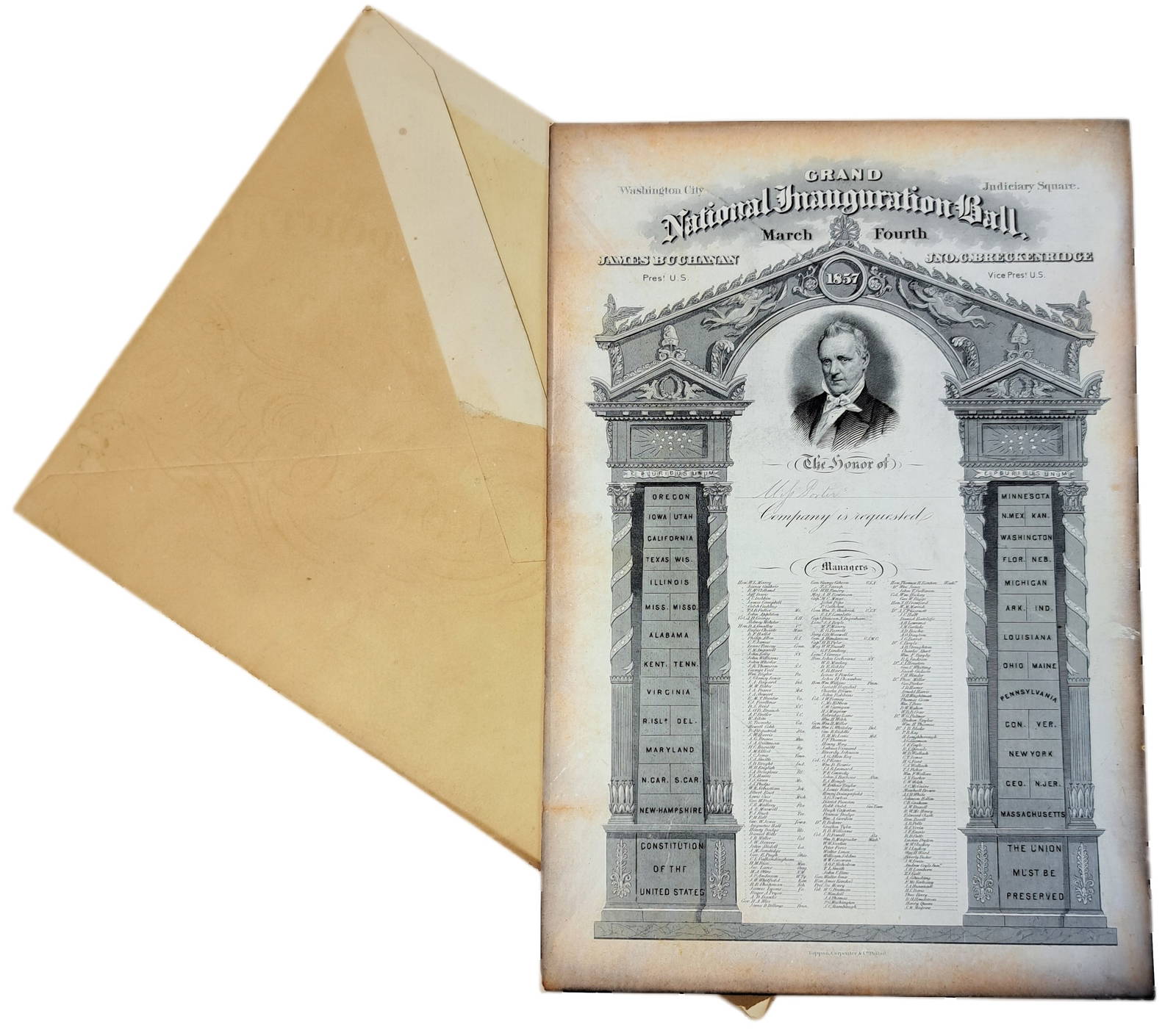 1857 President James Buchanan Inauguration Ball Invitation W/ Envelope ...