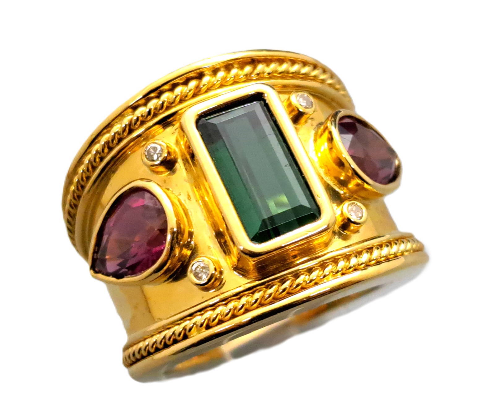 Deep Green Tourmaline Rhodolite Garnet Diamond Massive 18k Gold Ring ...