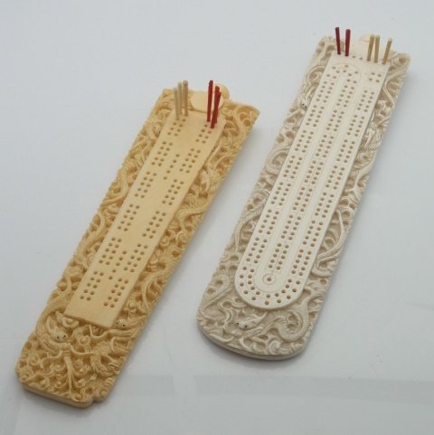 Pair Hand Carved Ivory Cribbage Board Dragon Motif Japa