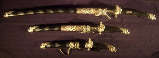 Set Of 3 Decorative Katana Swords W/ Dragon Design
