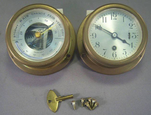 Vintage Brass Clock And Barometer Set With Key