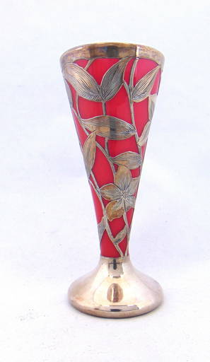 Red Silver Overlay Trumpet Vase