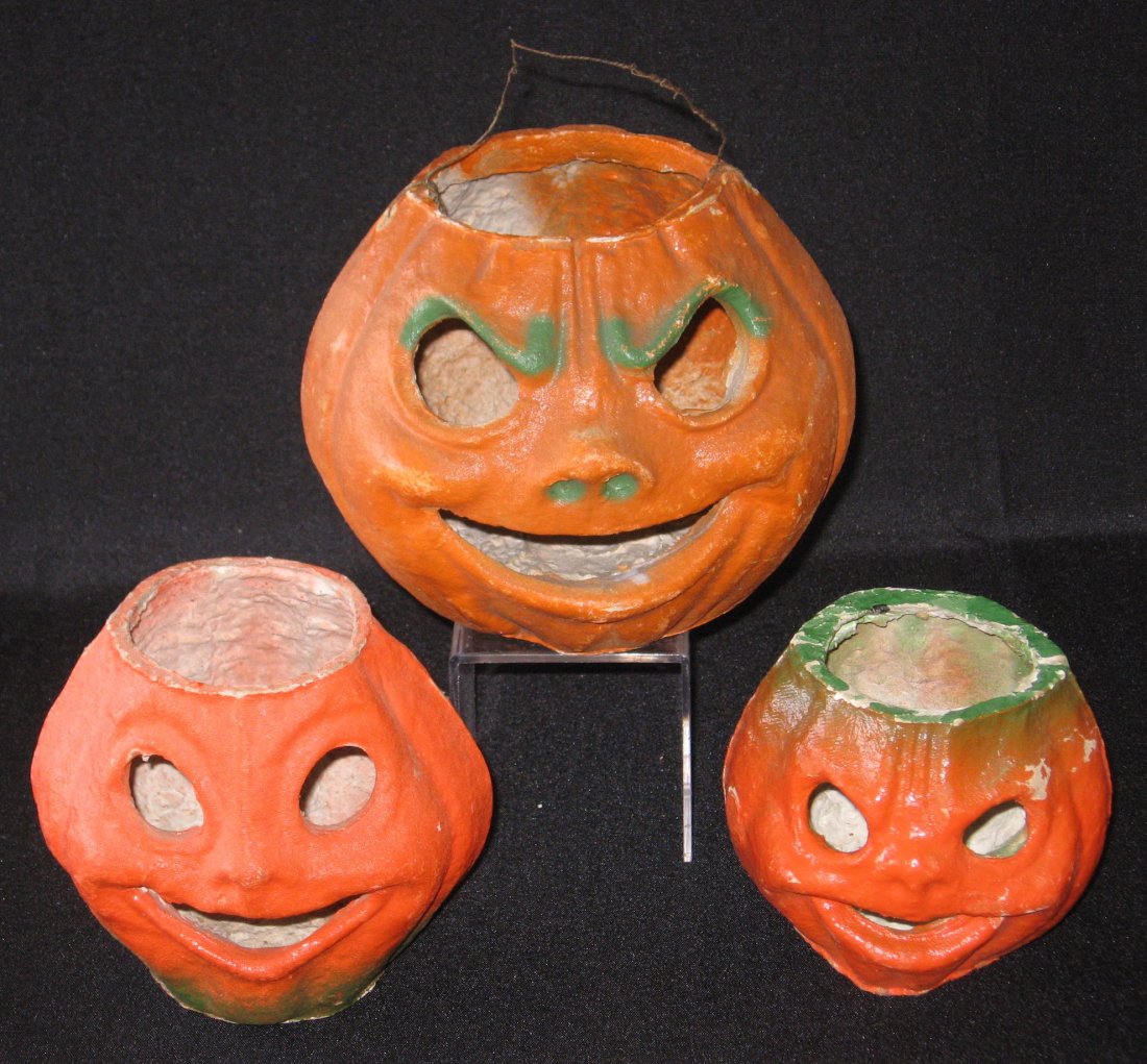 Three Halloween Paper Mache Jack-o-lanterns,