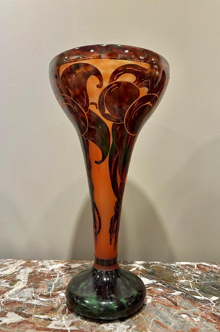 Charder Cameo Glass Vase Art Deco H: 16" France Auction