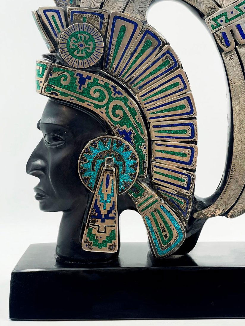Obsidian & Silver Mayan Head King Pacal Mexico 12" X 8.5" X 4" Auction