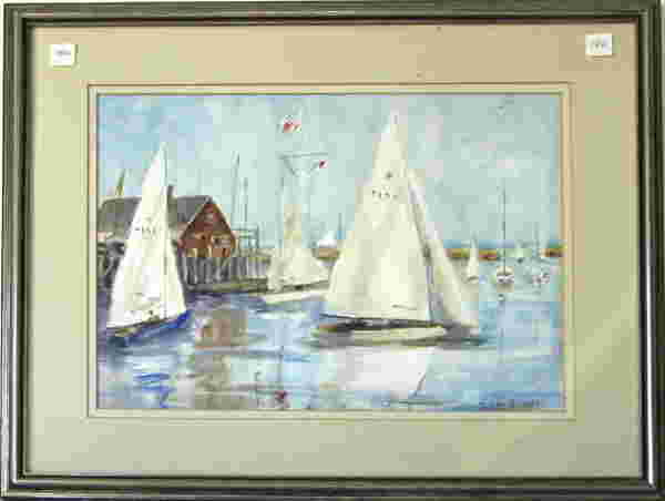Dorothy Russell Watercolor Of Sailboats Off Sandy Bay