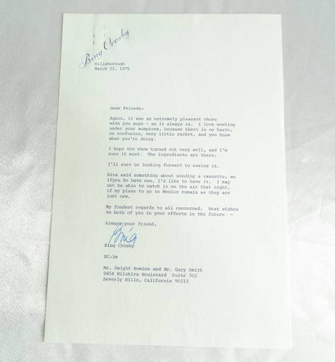Bing Crosby Signed Letter To Emmy Winning Producer