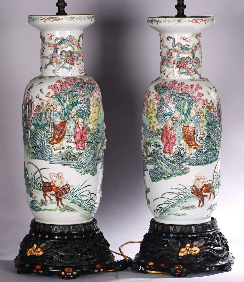 A Rare Pair Of Large Famille Rose Moulded 'eighteen Arhats' Vases Auction